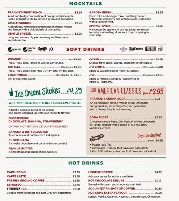 Menu at Little Frankie's restaurant, London, 7 Whitehall SW1A 2DD