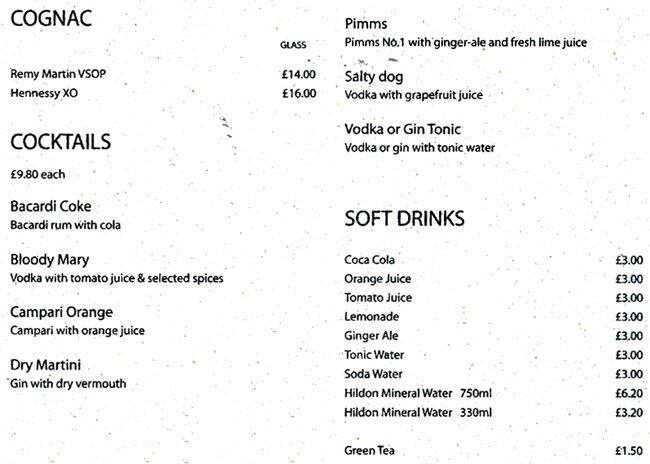 Menu at Defune restaurant, London