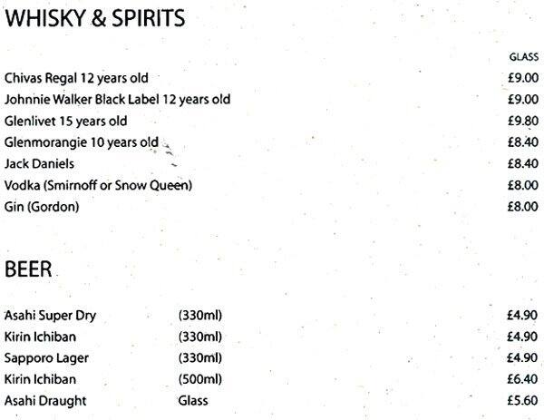 Menu at Defune restaurant, London