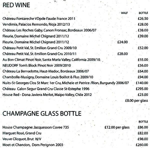 Menu at Defune restaurant, London