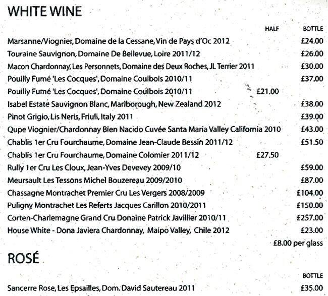 Menu at Defune restaurant, London