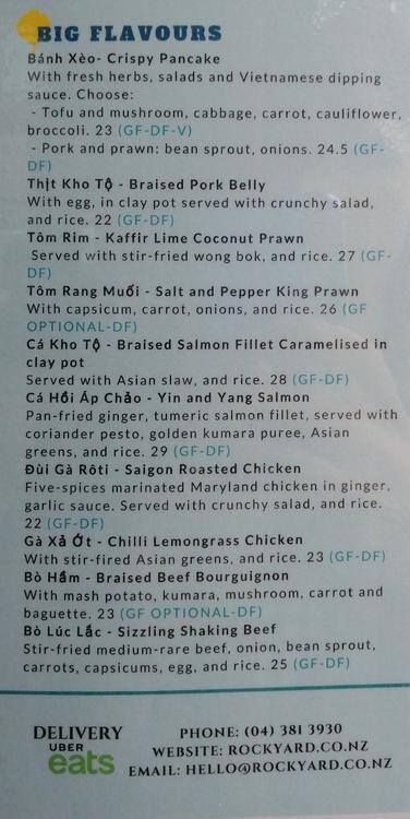 Menu at Rock Yard Restaurant, Wellington