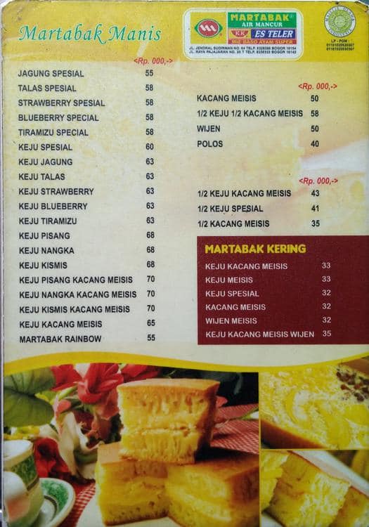 Menu at Martabak Air Mancur restaurant, Bogor, Jl. Raya Pajajaran No.20T