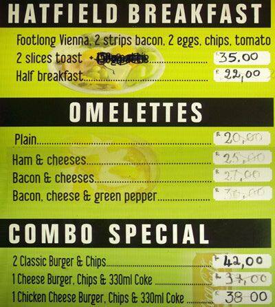 Menu at Hatfield Take Away restaurant, Pretoria