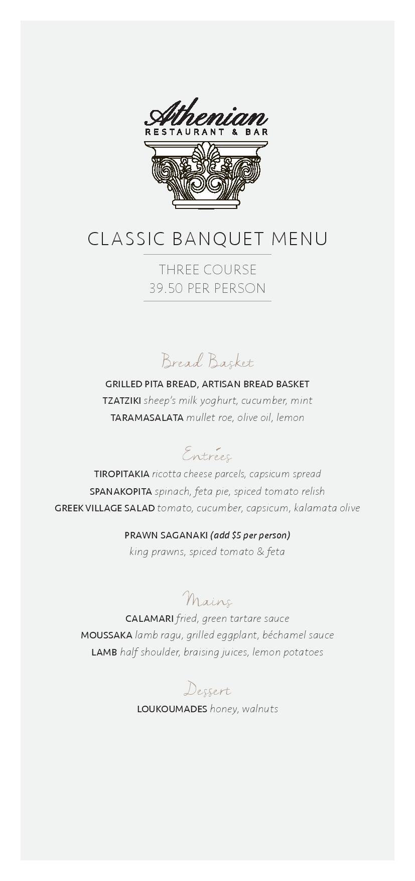 Menu at Athenian Greek Restaurant, Sydney, 11 Barrack St