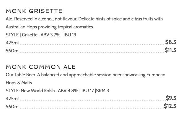 Menu at The Monk Brewery & Kitchen pub & bar, Fremantle