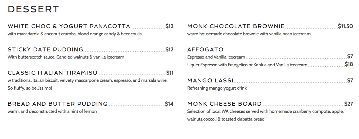 Menu at The Monk Brewery & Kitchen pub & bar, Fremantle