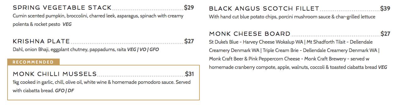 Menu at The Monk Brewery & Kitchen pub & bar, Fremantle