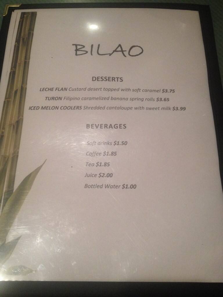Menu at Bilao restaurant, Winnipeg