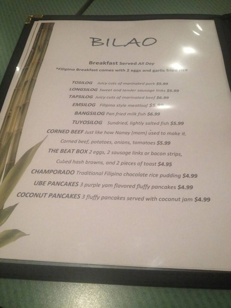 Menu at Bilao restaurant, Winnipeg