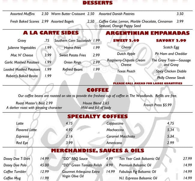 Menu at Dosey Doe cafe, The Woodlands, Research Forest Dr suite f