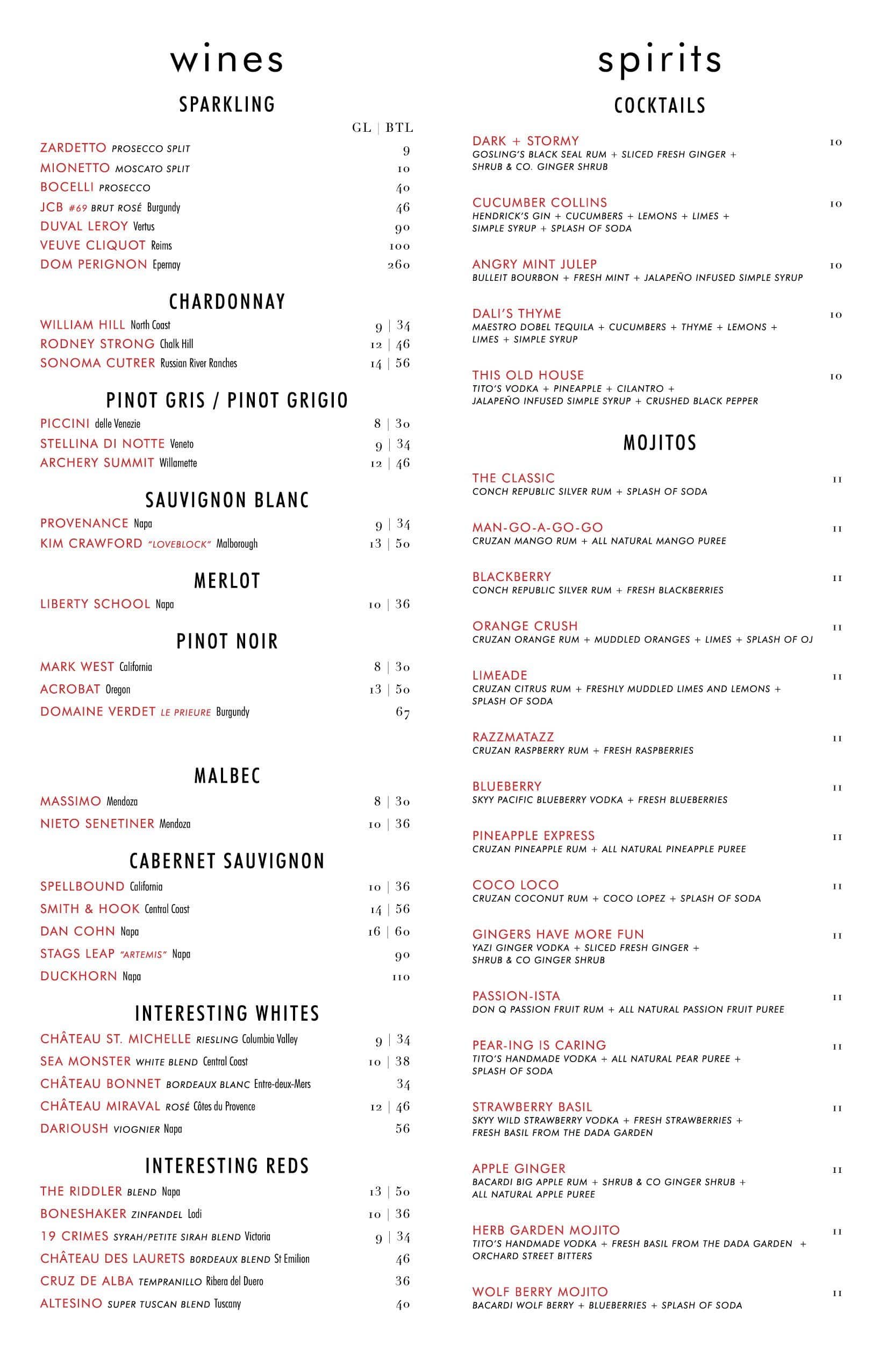 Menu at Dada restaurant, Delray Beach