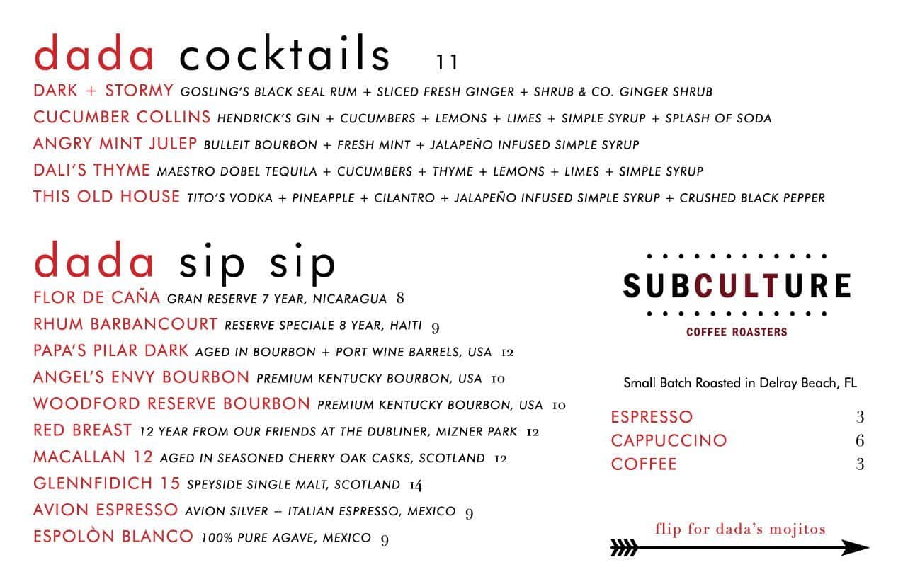 Menu at Dada restaurant, Delray Beach