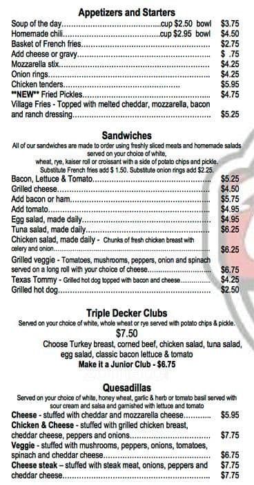 Menu at The Village Diner restaurant, Glenside