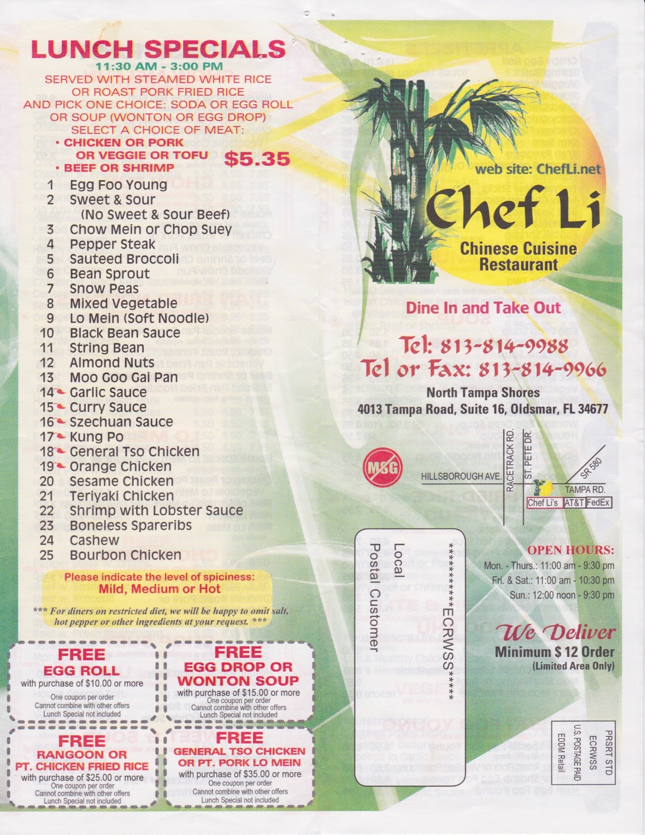 Menu at Chef Li Chinese Cuisine Restaurant, Oldsmar, 4013 Tampa Rd #16