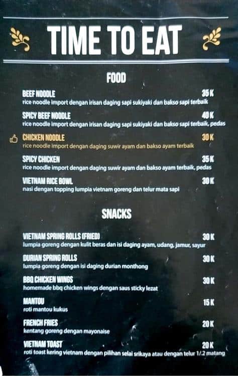 Menu at Saigon Coffee Shop cafe, Jakarta