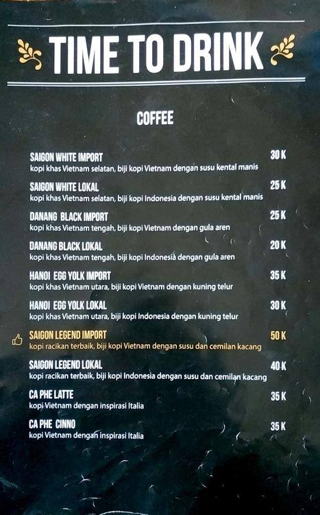 Menu at Saigon Coffee Shop cafe, Jakarta