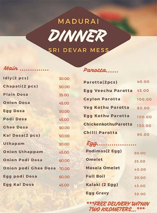 Menu at Madhurai Sri Devar Mess, Chennai