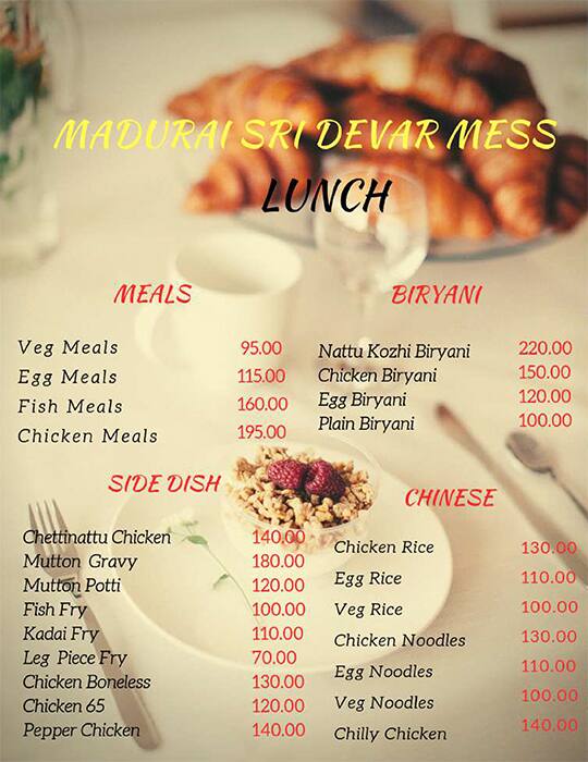 Menu at Madhurai Sri Devar Mess, Chennai