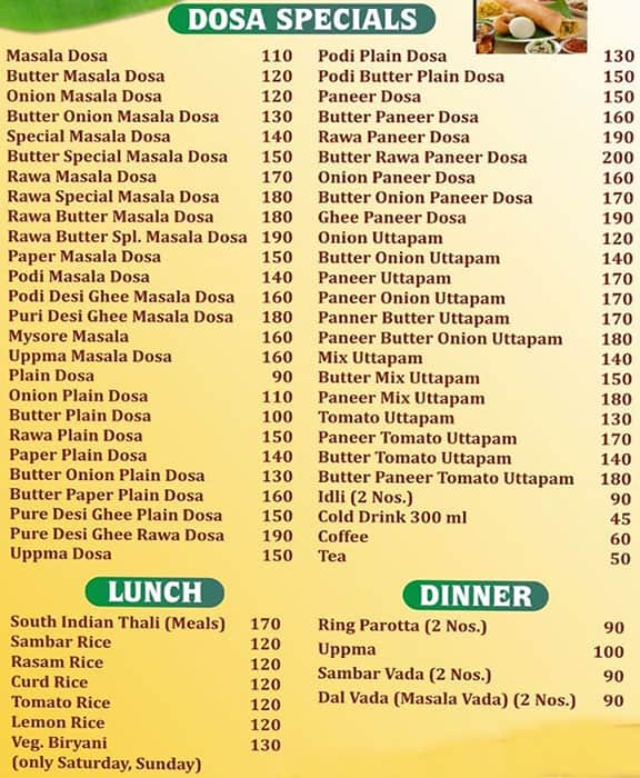 Menu of South Indian Dhaba, Sector 14, Chandigarh