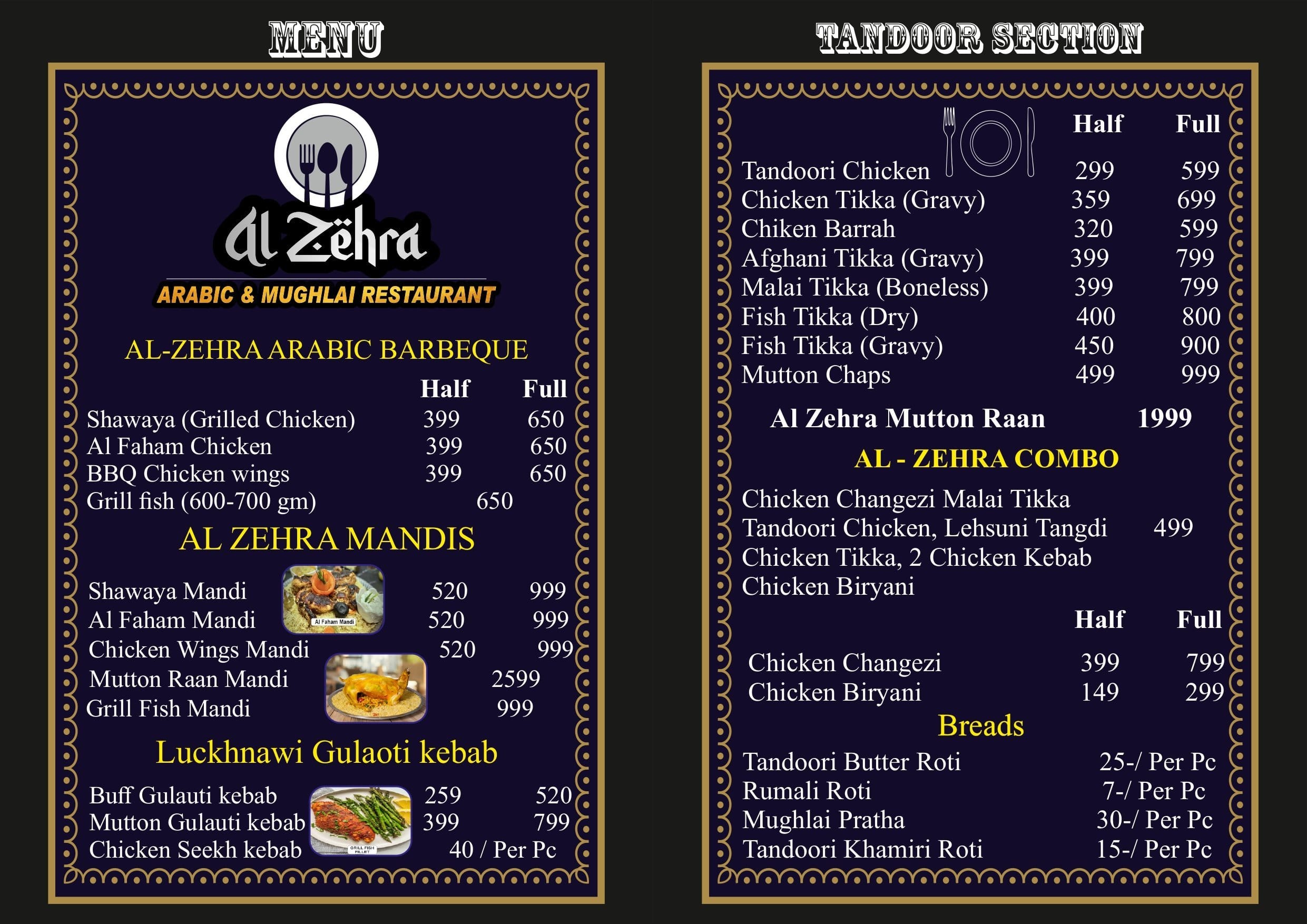 Menu of AL - Zehra, Jama Masjid, New Delhi