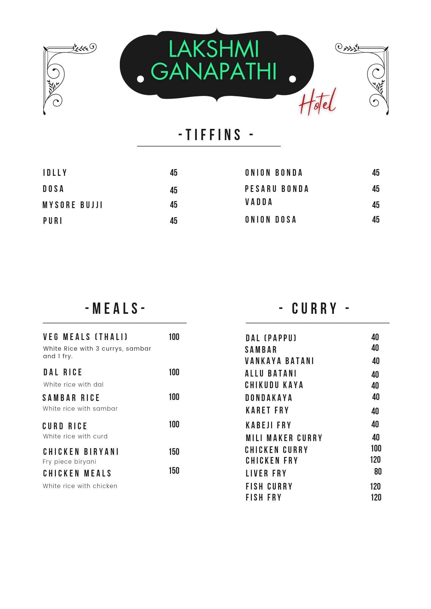 Menu of Lakshmi Ganapathi Hotel, Jeedimetla, Hyderabad