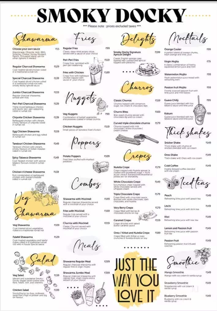Menu of Smoky Docky, Brigade Road, Bangalore