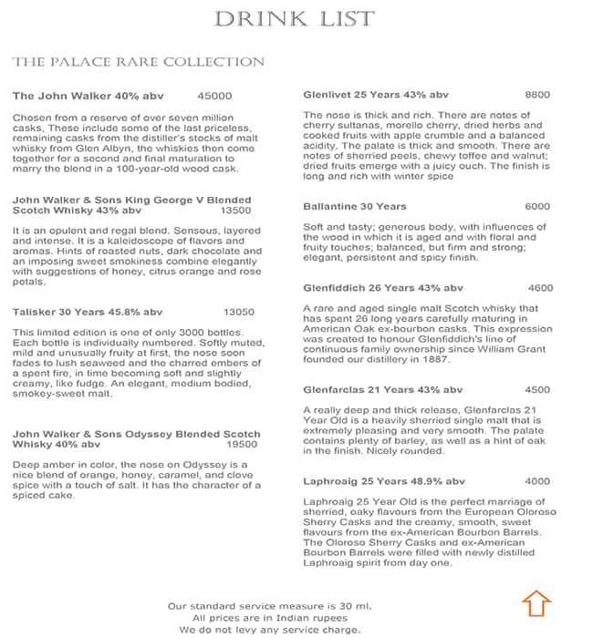 Menu of Library Bar - The Leela Palace, Old Airport Road, Bangalore
