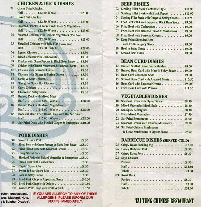 Menu at Tai Tung restaurant, London, 544 Purley Way
