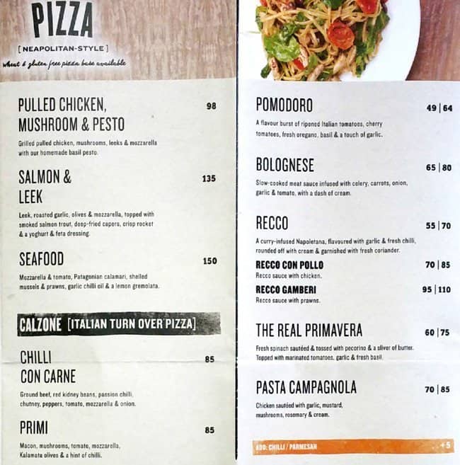 Menu at PRIMI Express restaurant, Durban
