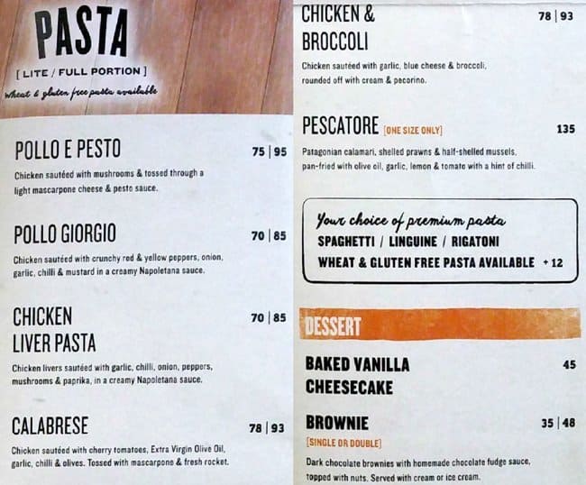 Menu at PRIMI Express restaurant, Durban