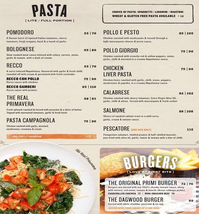 Menu at PRIMI Express restaurant, Durban