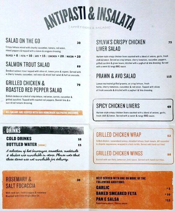 Menu at PRIMI Express restaurant, Durban