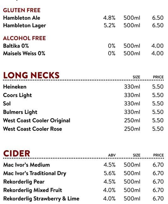 Menu at Bull and Castle - F.X. Buckley pub & bar, Dublin