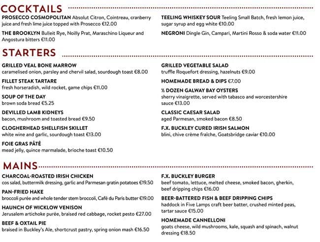 Menu at Bull and Castle - F.X. Buckley pub & bar, Dublin