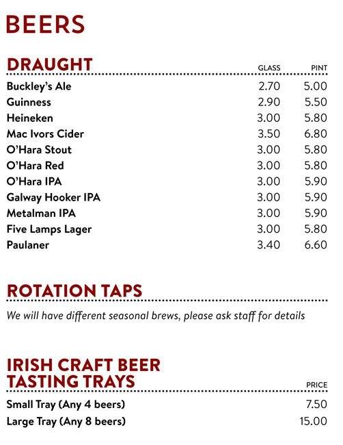Menu at Bull and Castle - F.X. Buckley pub & bar, Dublin