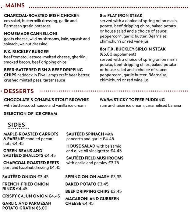 Menu at The Bull & Castle pub & bar, Dublin