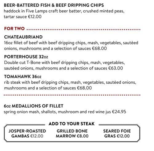 Menu at The Bull & Castle pub & bar, Dublin