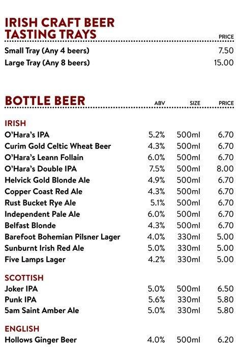 Menu at Bull and Castle - F.X. Buckley pub & bar, Dublin