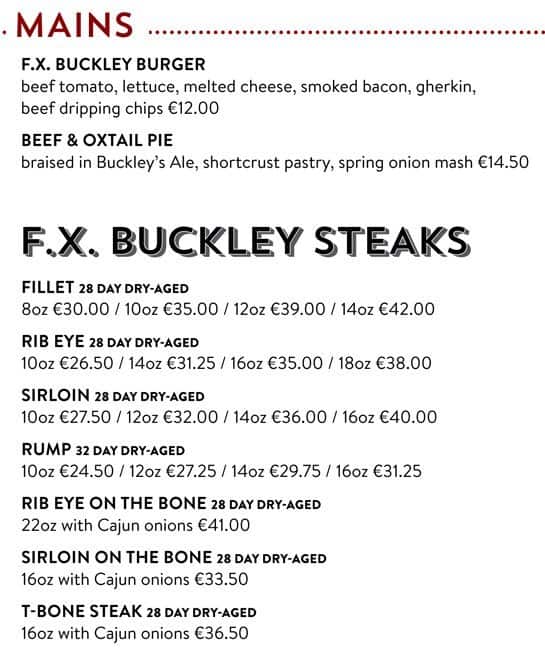 Menu at Bull and Castle - F.X. Buckley pub & bar, Dublin
