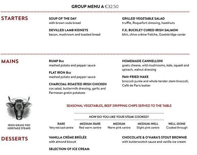 Menu at Bull and Castle - F.X. Buckley pub & bar, Dublin