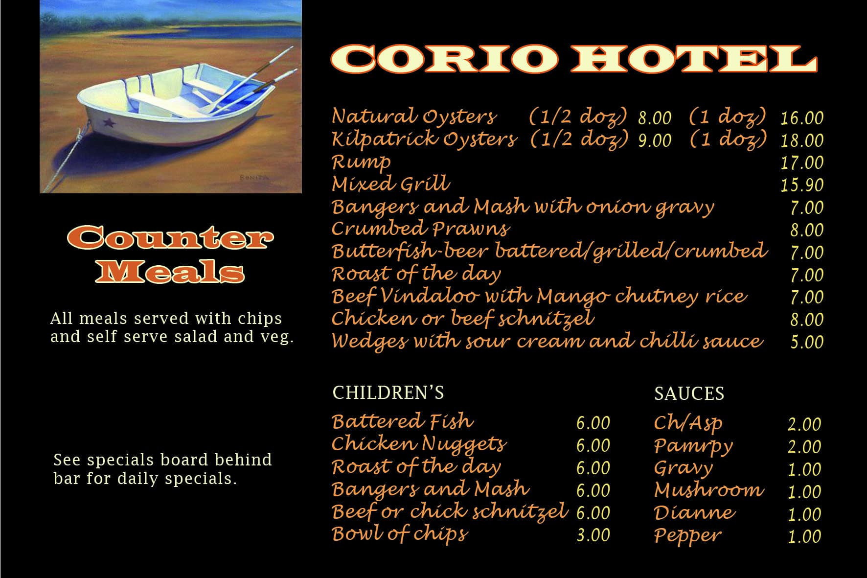 Menu at Corio Hotel desserts, Goolwa