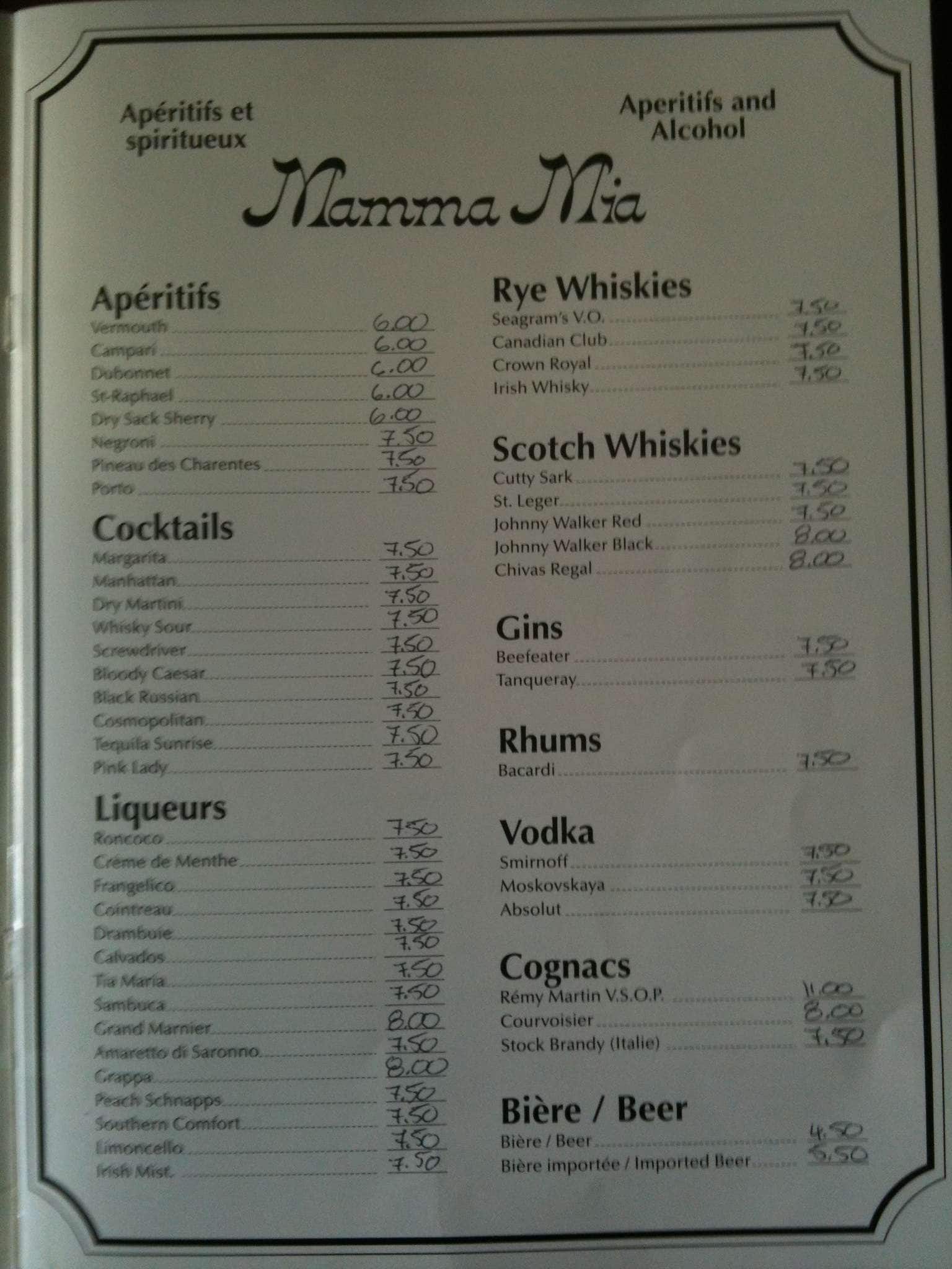 Menu at Mamma Mia Pizzeria, Montreal