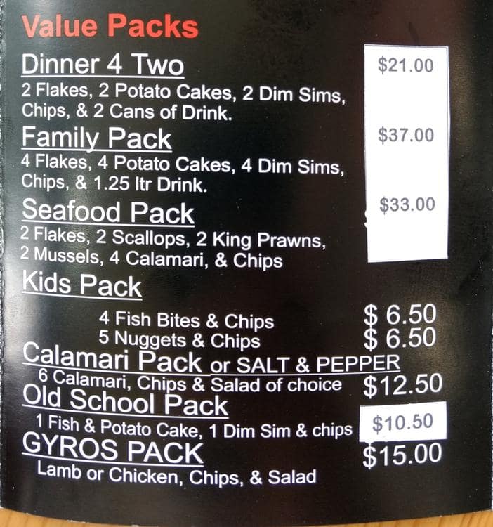 Menu at Brandon Park Fish & Chips restaurant, Wheelers Hill