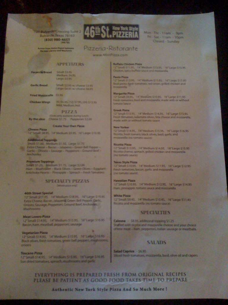 46th St. New York Style Pizzeria Menu - Urbanspoon/Zomato