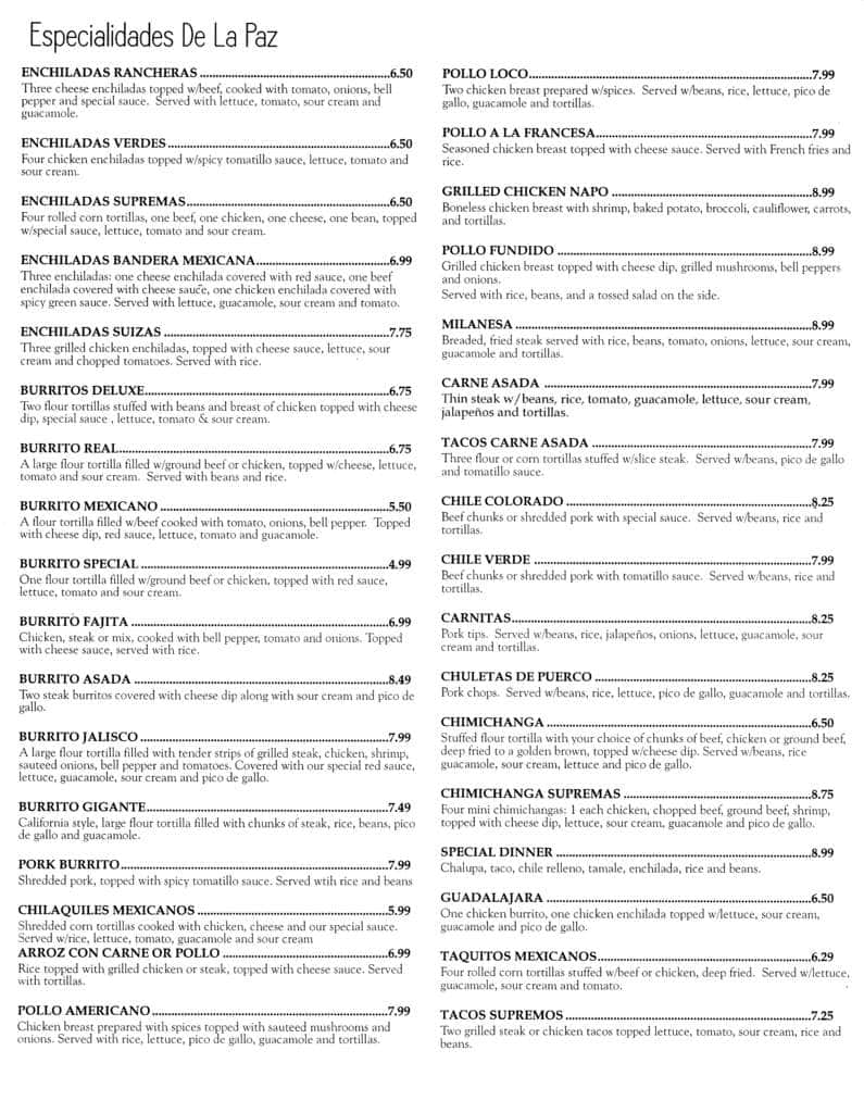 Menu at De la Paz restaurant, White House