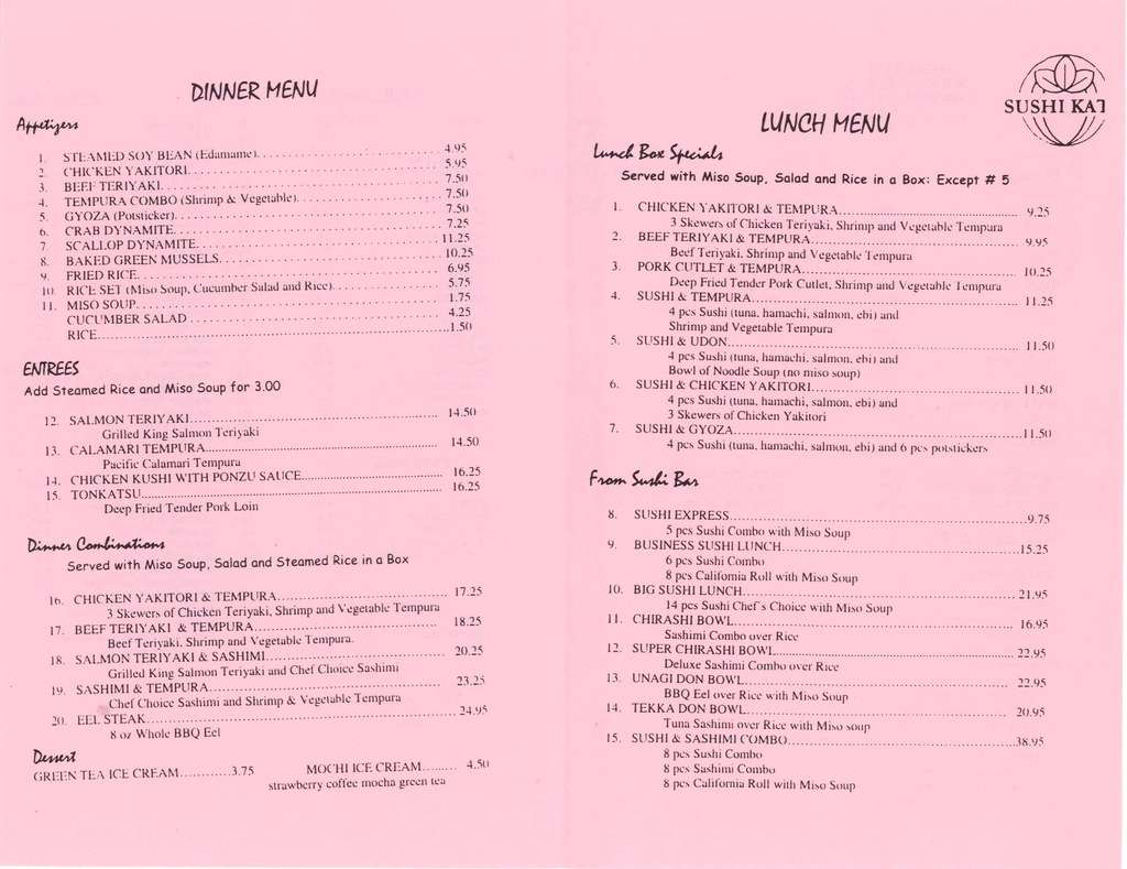 Menu at Sushi Kato restaurant, Bakersfield