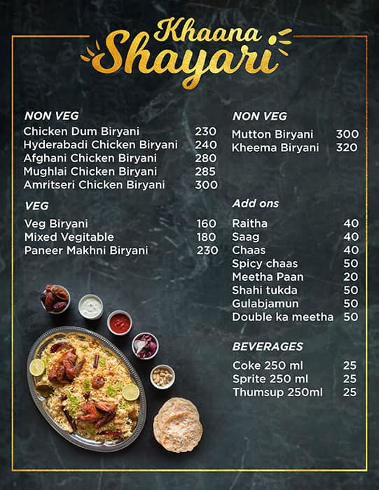 Menu of Khaana Shayari, Vanasthalipuram, Hyderabad