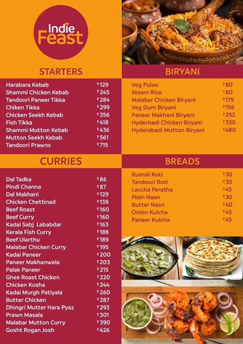 Menu of Indie Feast, Aluva, Kochi