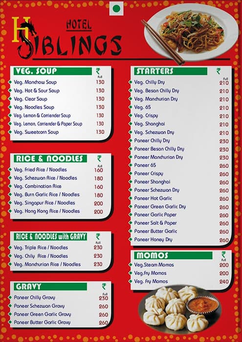Menu of Hotel Siblings, Lower Parel, Mumbai